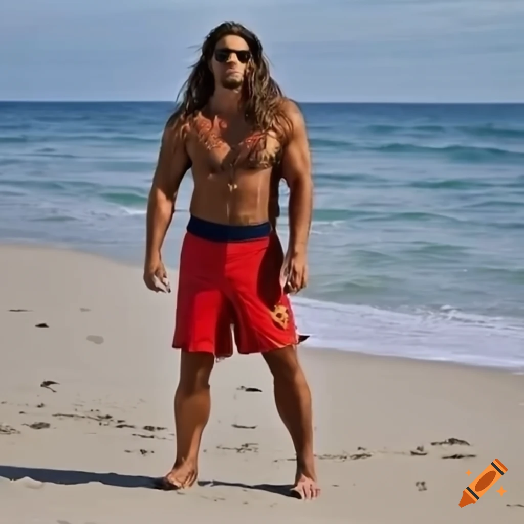Jason Mamoa in yellow aviator sunglasses as a Baywatch lifeguard on the ...