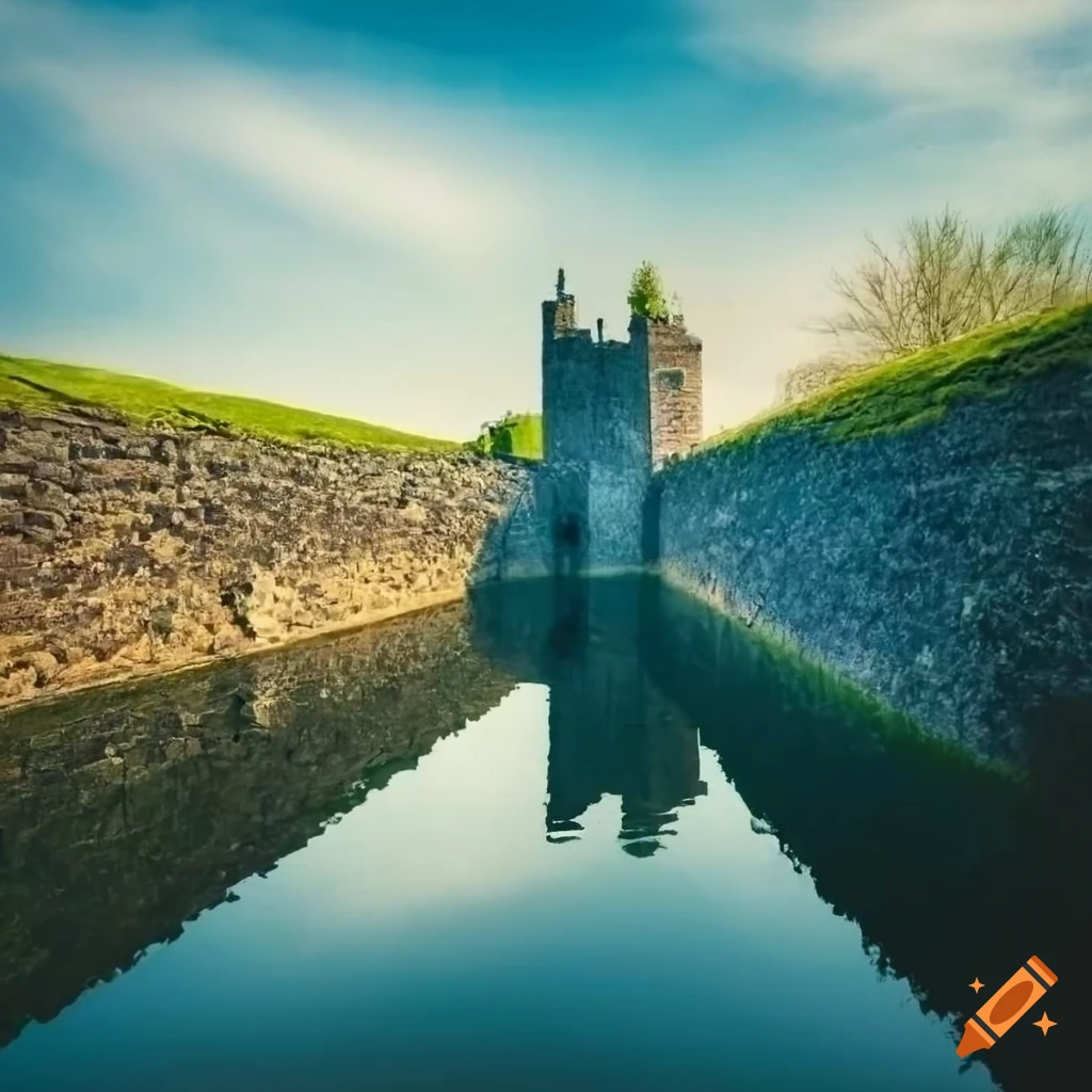 Cross section of a wide moat surrounded by tall stone walls