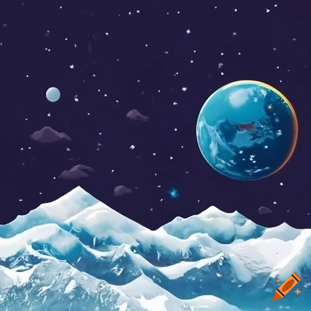 Snowy mountains in outer space with astronauts