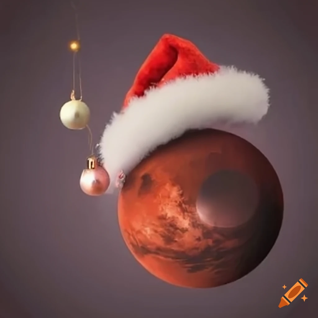 Mars planet wearing a christmas hat surrounded by christmas decorations