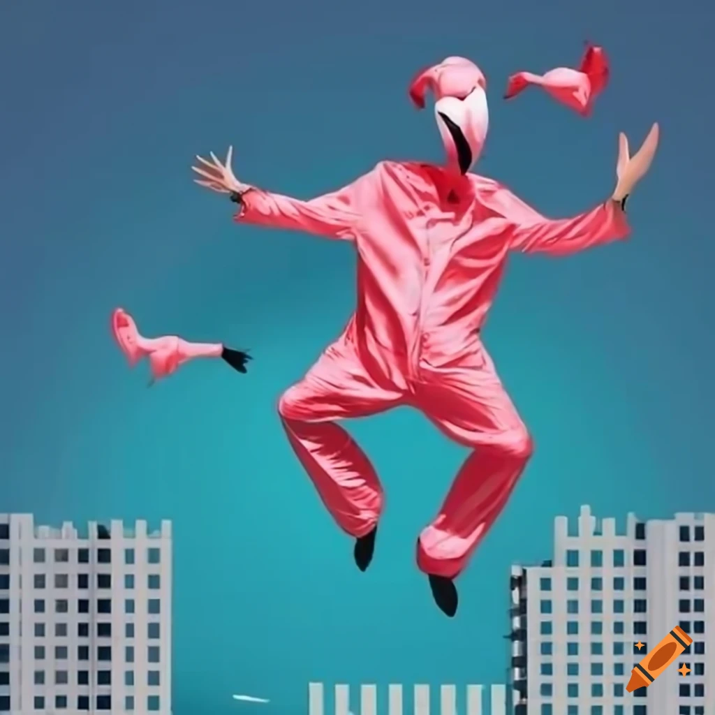 Man in a flamingo suit waving at the city