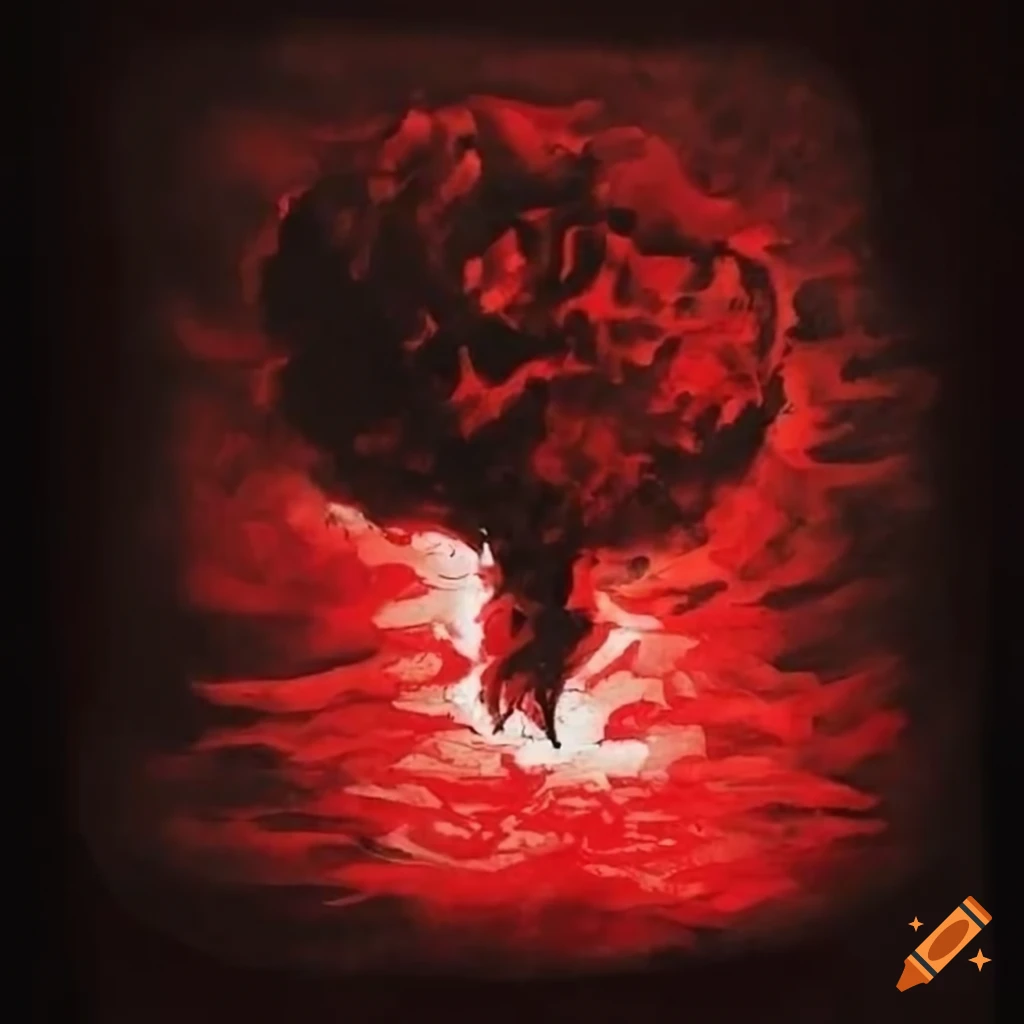 Ink drawing of godzilla exploding in black and red