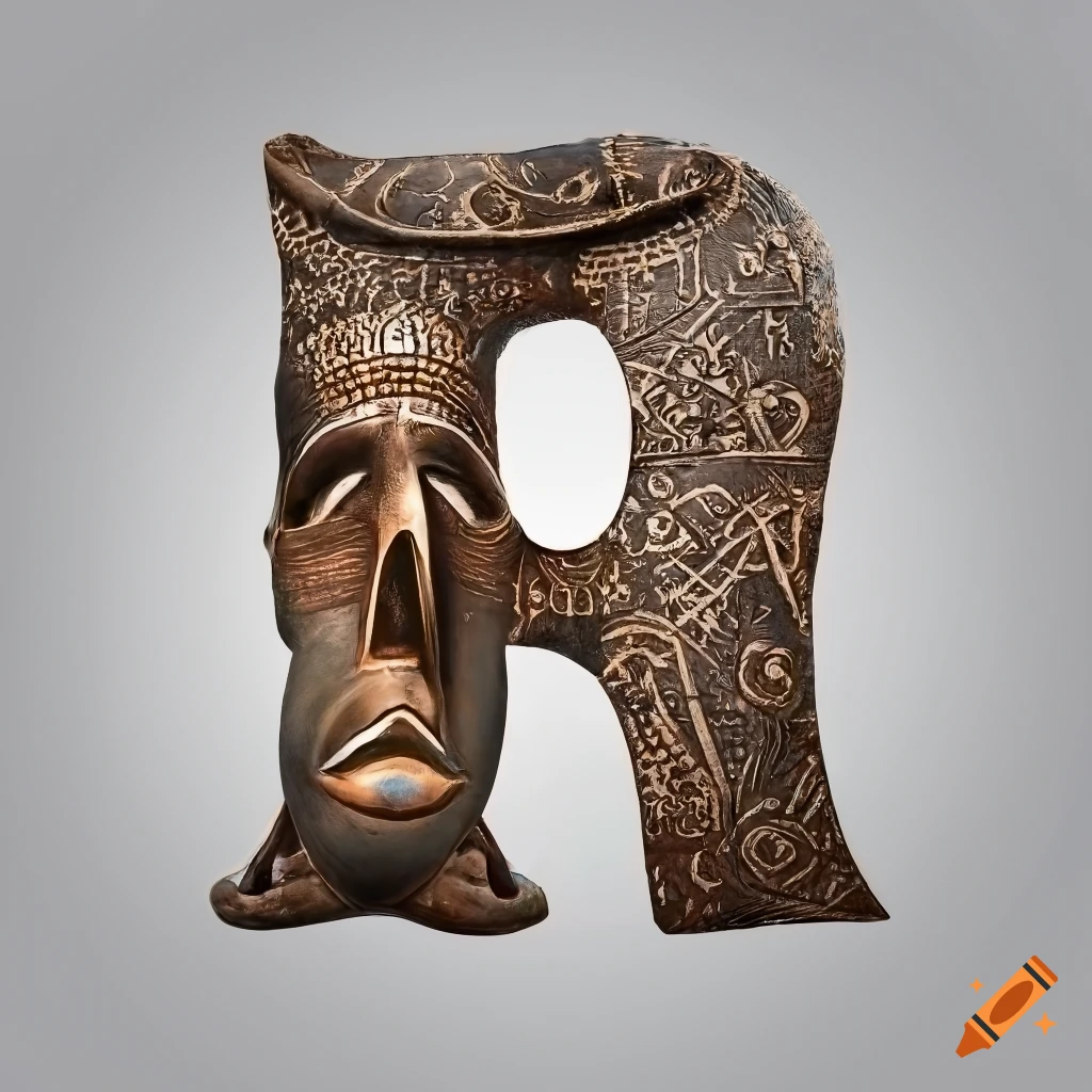 Letter R engraved with African masks on white background on Craiyon