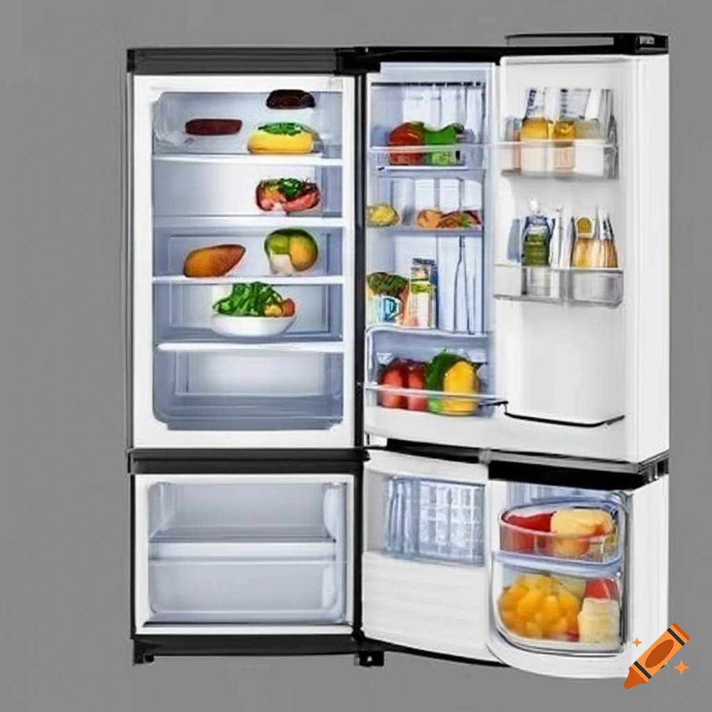 Open fridge with various shelves and contents on Craiyon