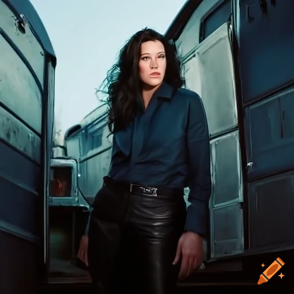 Actress resembling Liv Tyler at age 20 standing in doorway of a caravan ...