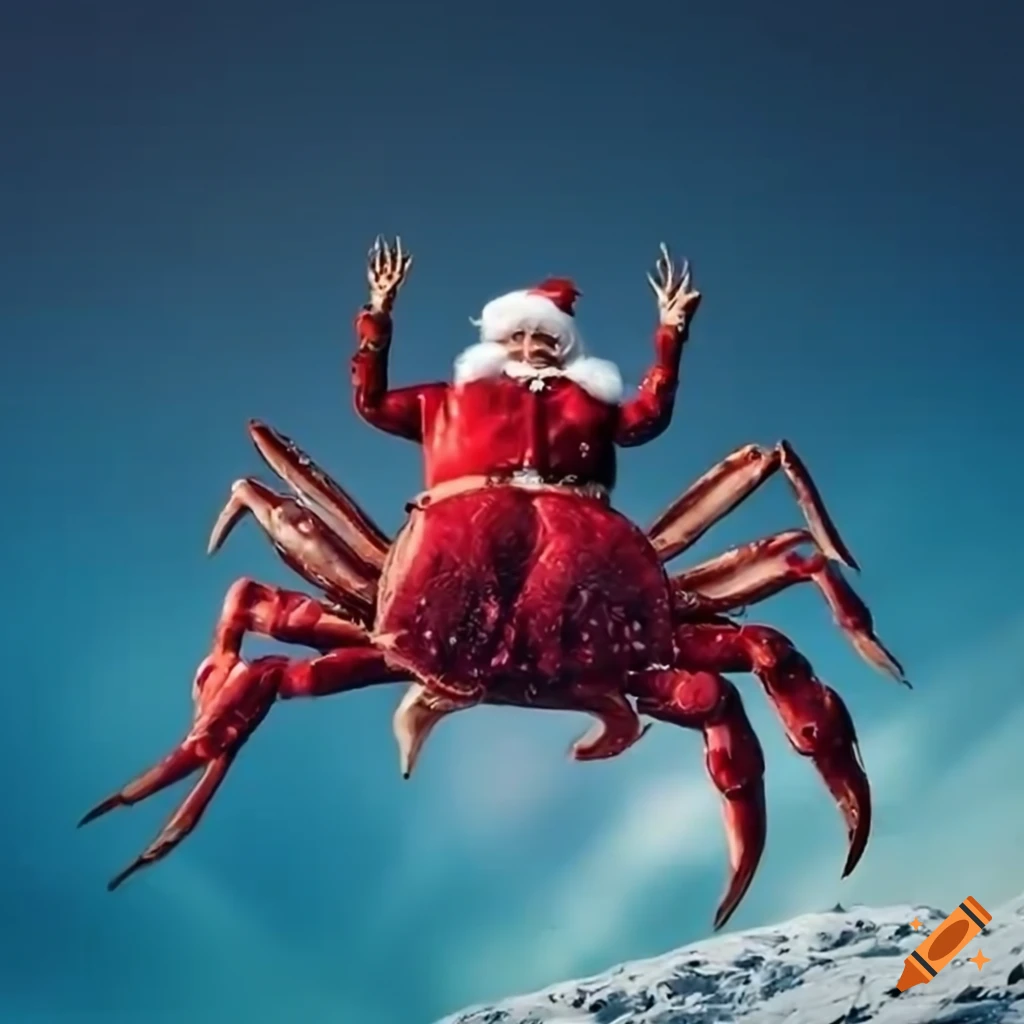 Santa riding a giant crab through the snowy sky on Christmas Eve on Craiyon