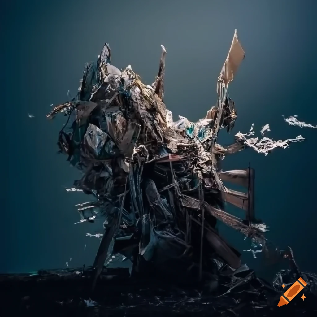 Distorted figure caught in junk garbage web in a destroyed landscape on ...