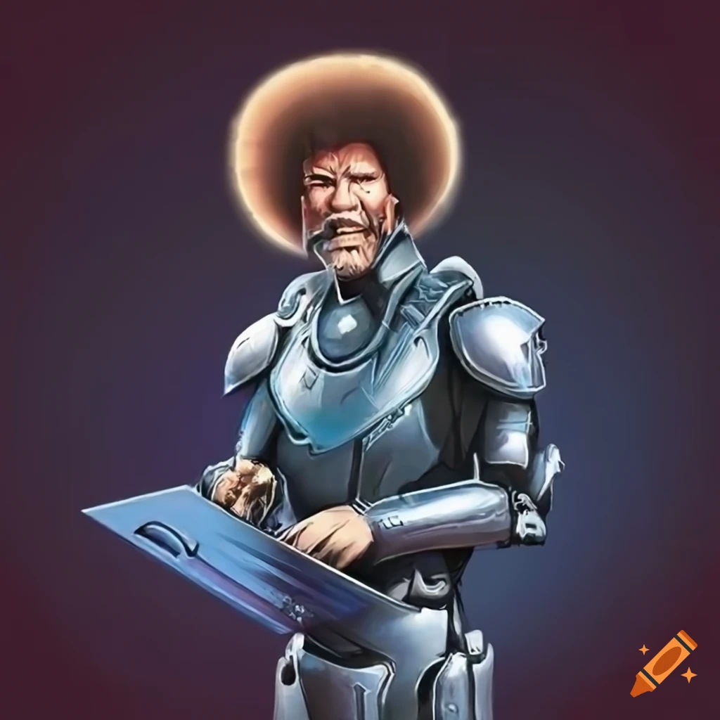 Bob Ross in cyber armor styled as an EAFC FUT HERO card on Craiyon