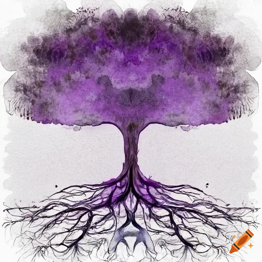 Graphic tree with extensive purple roots
