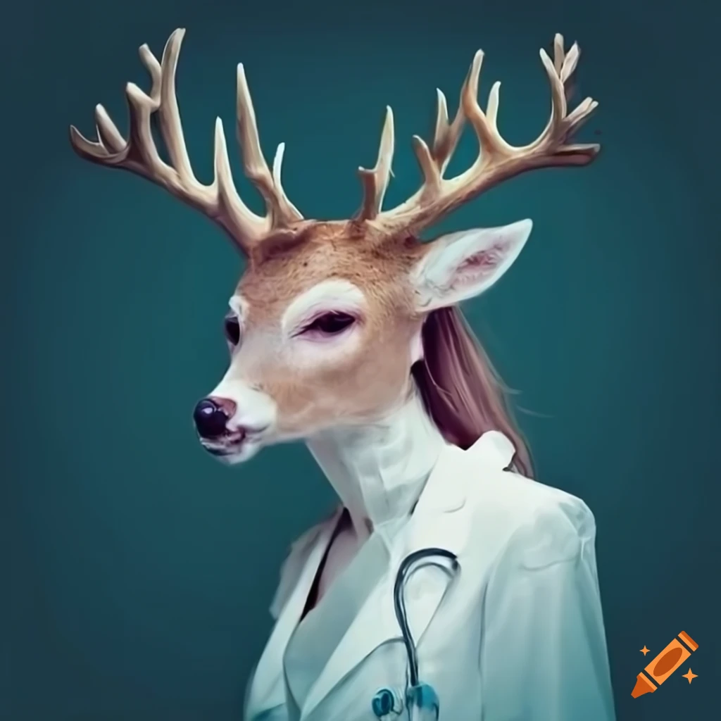 Beautiful deer girl in a white doctor coat on Craiyon