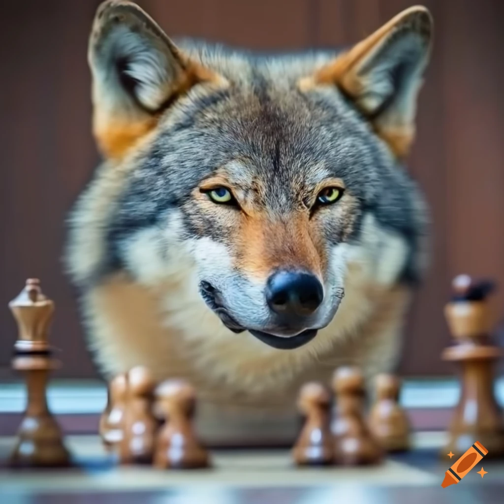 Fierce wolf's gaze with in-focus chess board in the foreground on Craiyon