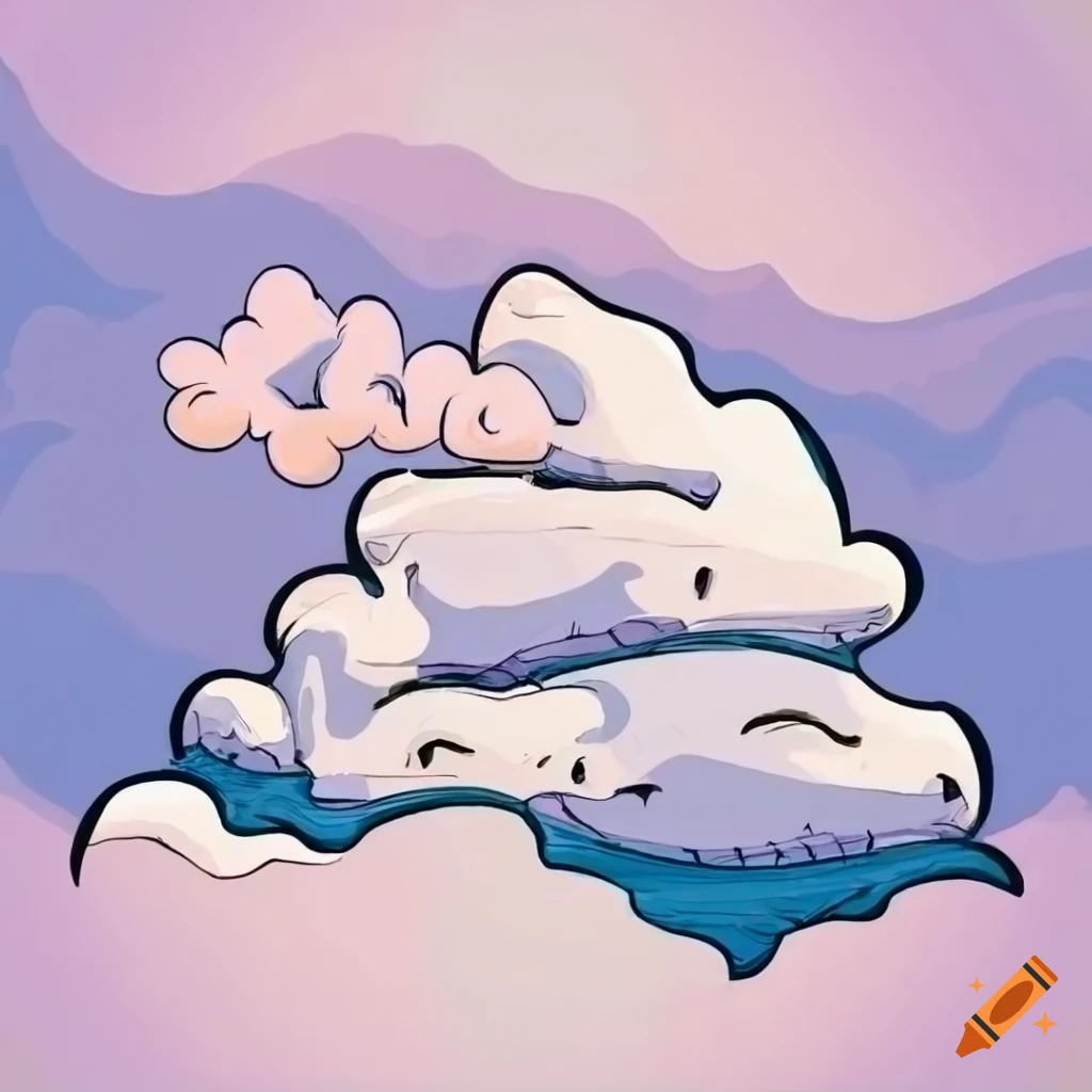 Windy rock cliffs high above the clouds in a cartoon sketch style on ...