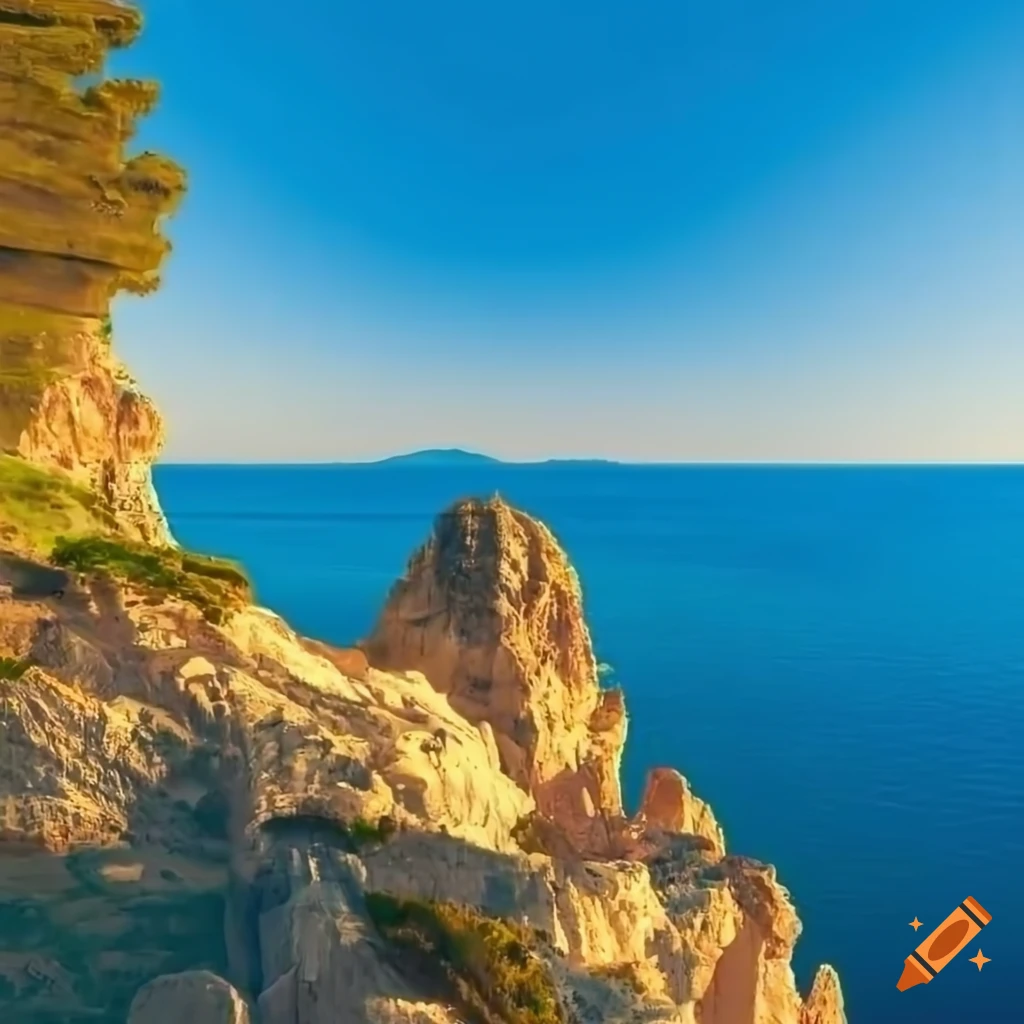 Colorful Mediterranean seascape with hills and a white path on Craiyon