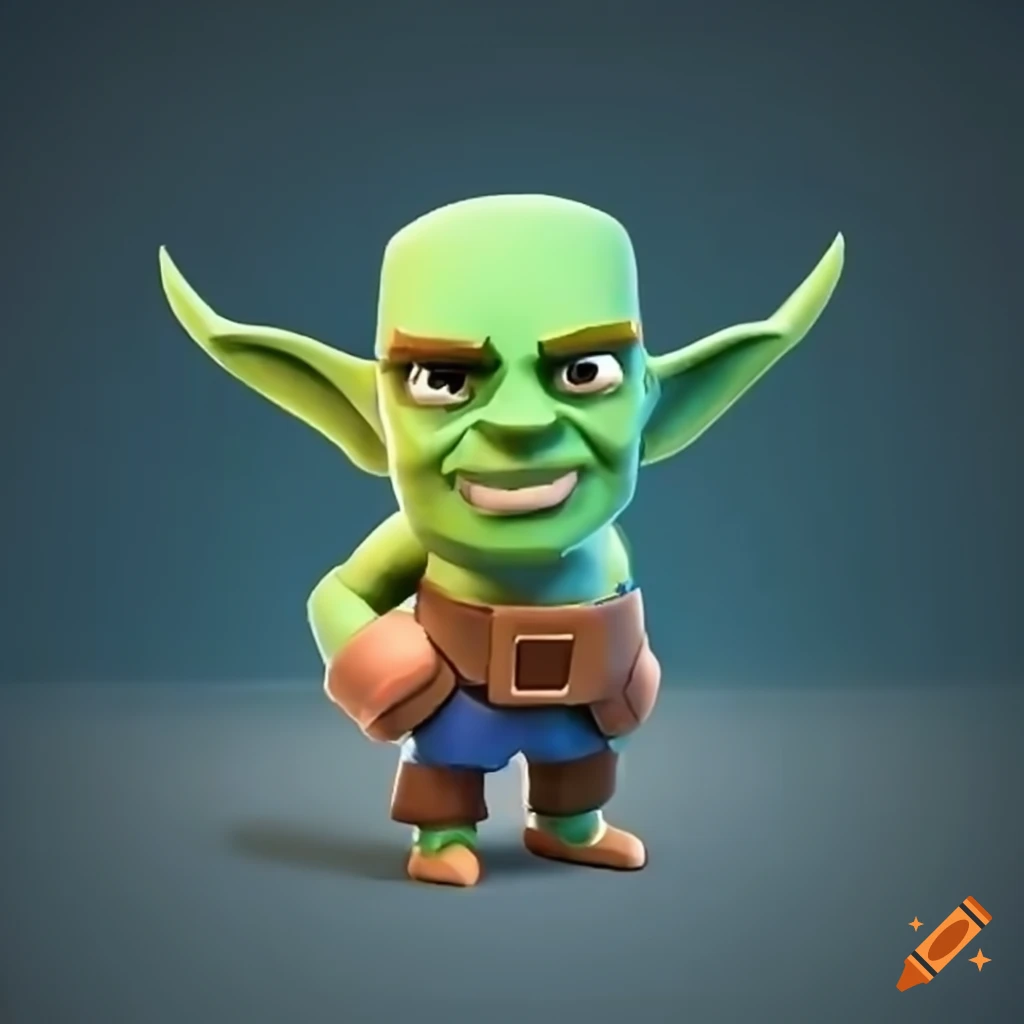 Tiny goblin with big goggles running in clash royale style