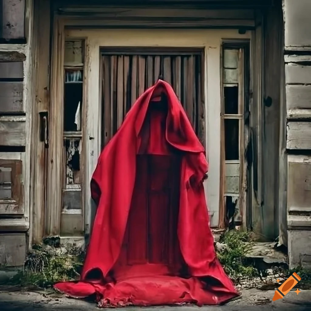 Abandoned house with red cloth on front door
