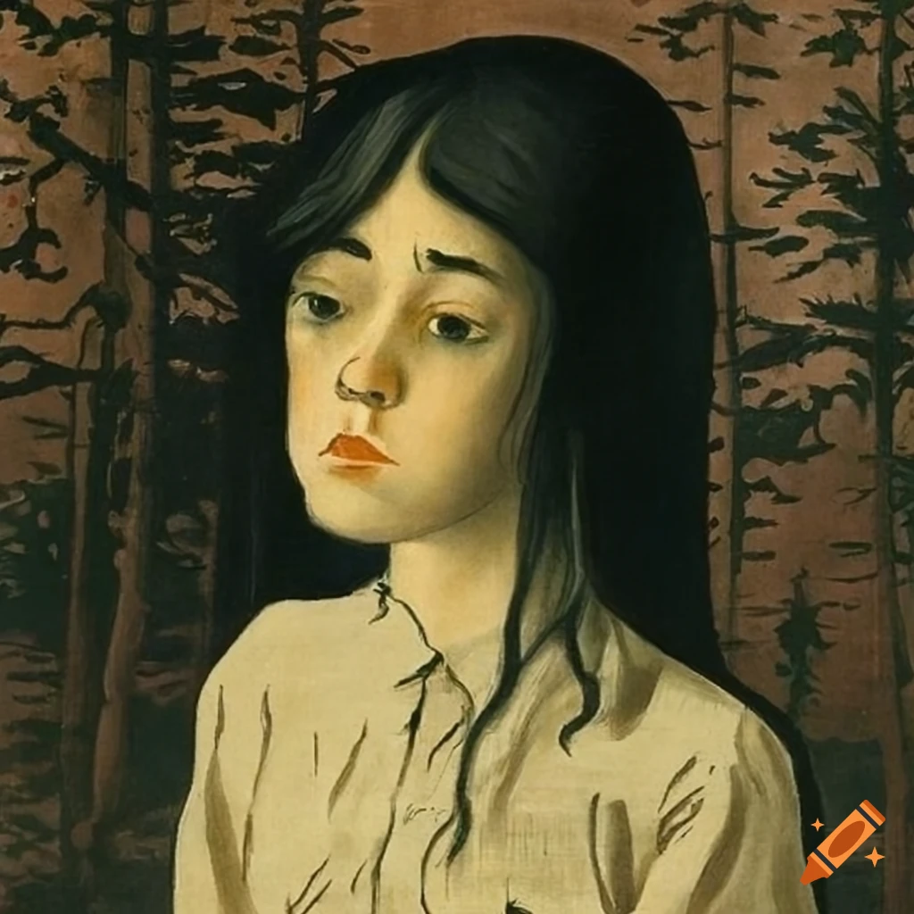 Sad girl with long black hair in a Finnish forest, woodcut print by ...