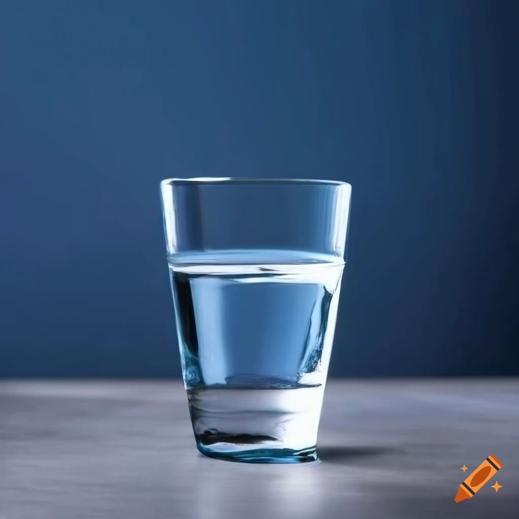 Glass of water on a gray table with a blue background