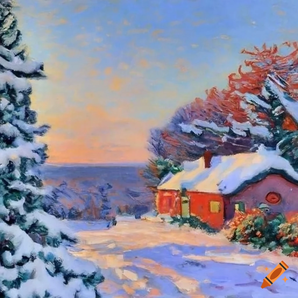 Snowy house and Christmas trees at winter solstice by Armand Guillaumin on Craiyon
