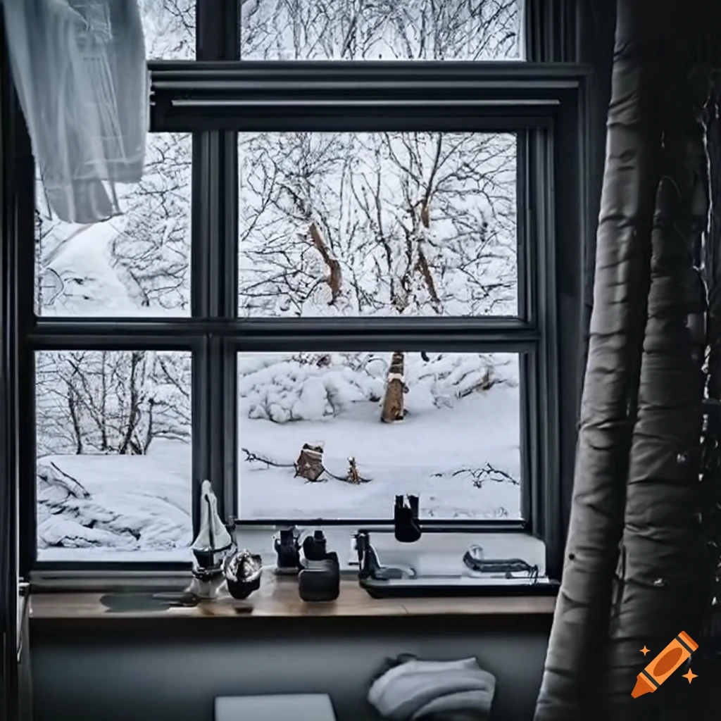 Cozy winter workspace with snowy view from the windows on Craiyon
