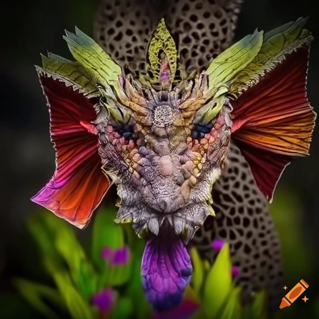 Mythical dragon surrounded by colorful flowers in nature