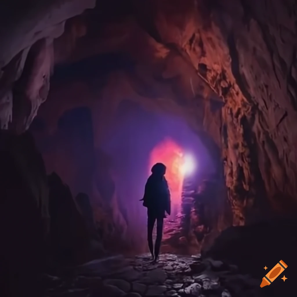 Person descending into mysterious underground cavern with torchlight