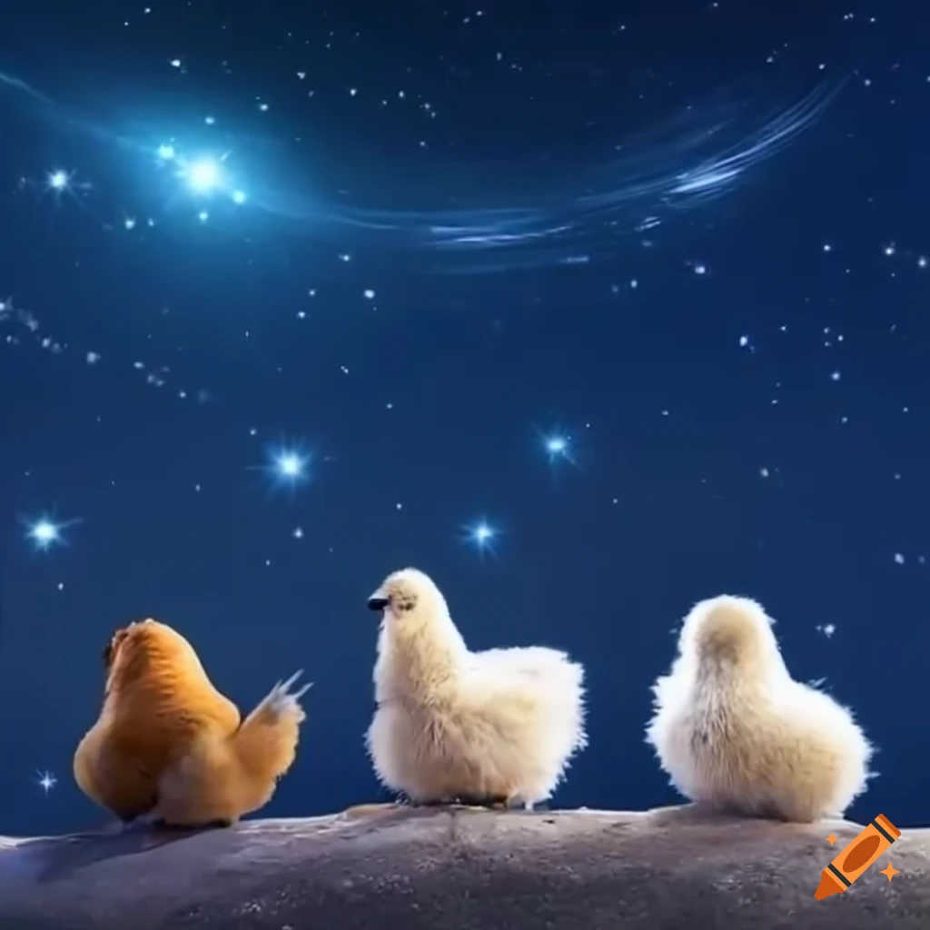 Three chickens under a twinkling sky gazing at the stars on Craiyon