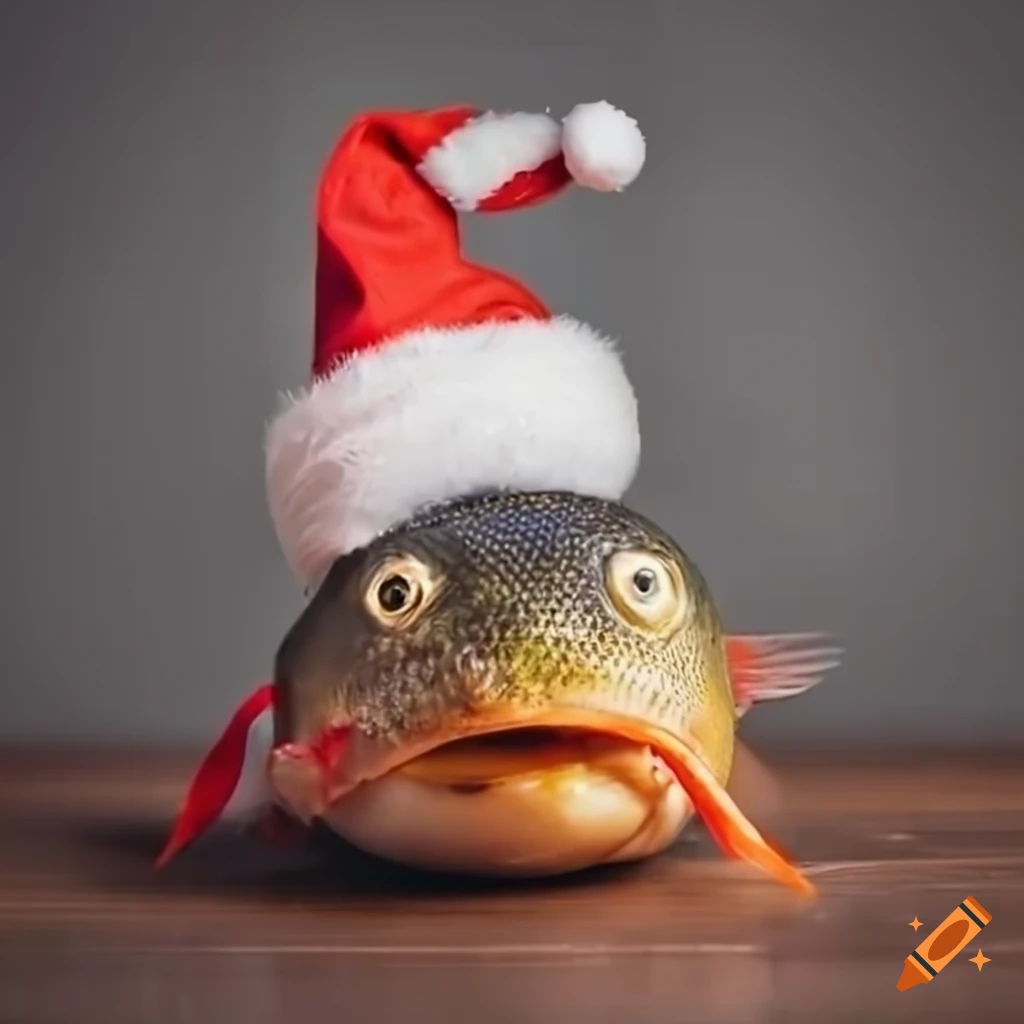 Smiling carp wearing a christmas hat on a table