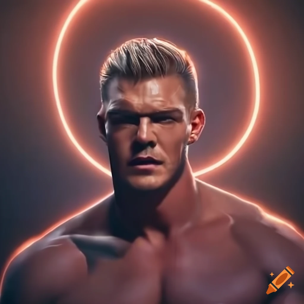 Alan ritchson kneeling with glowing spiral in background
