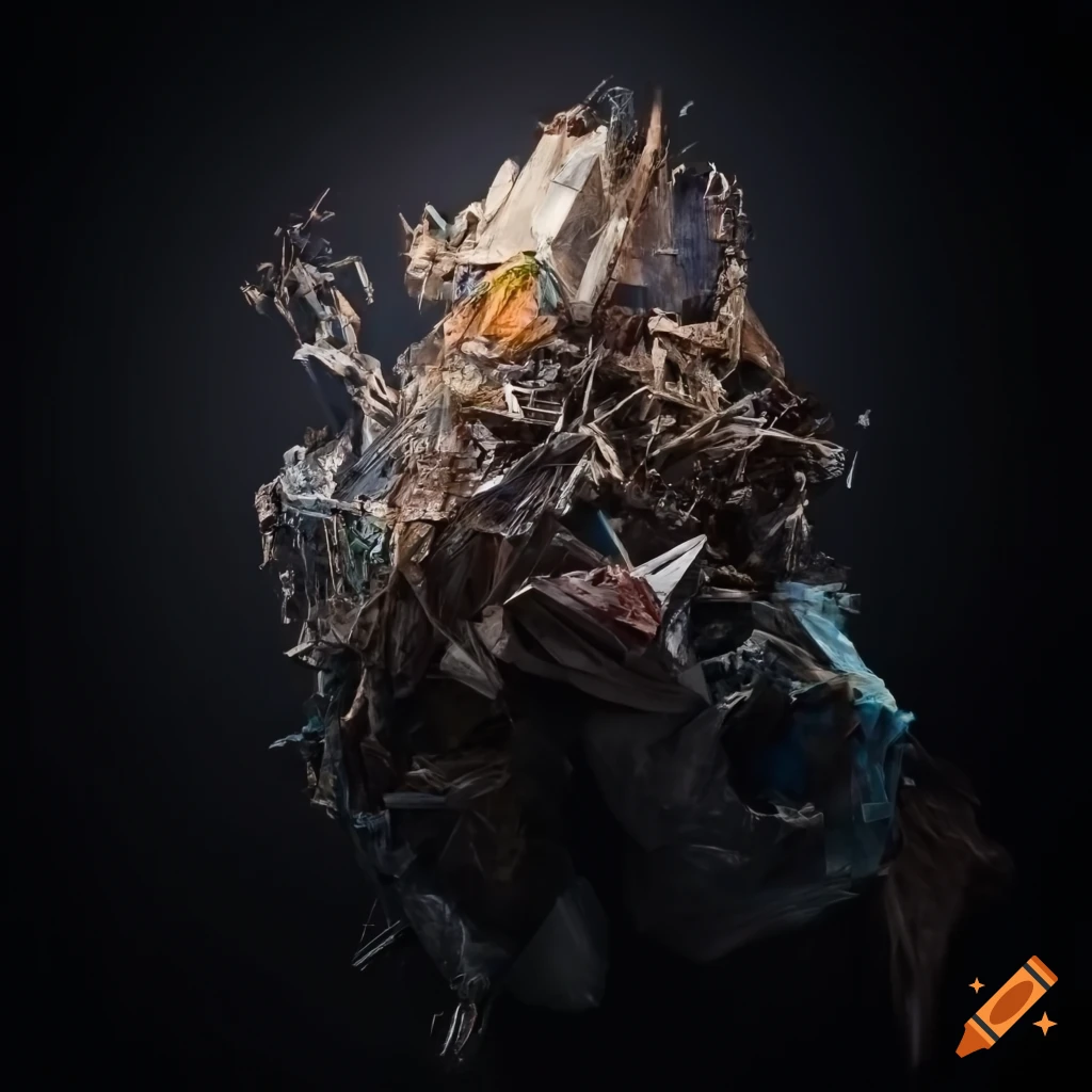 Distorted figure caught in junk garbage web in a destroyed landscape on ...