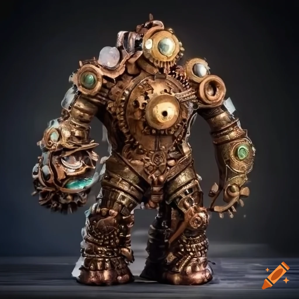 Steampunk golem with intricate copper, crystal, and brass machinery on ...