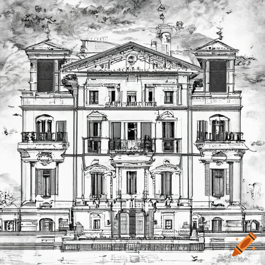 Detailed architectural blueprint of an italian villa with tile roof and ...
