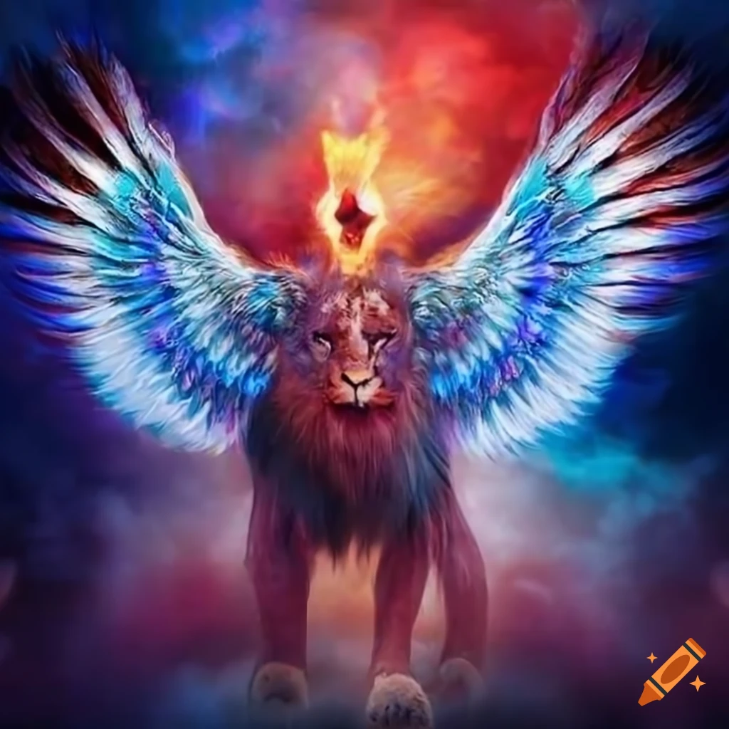 Angelic lion with red and blue wings