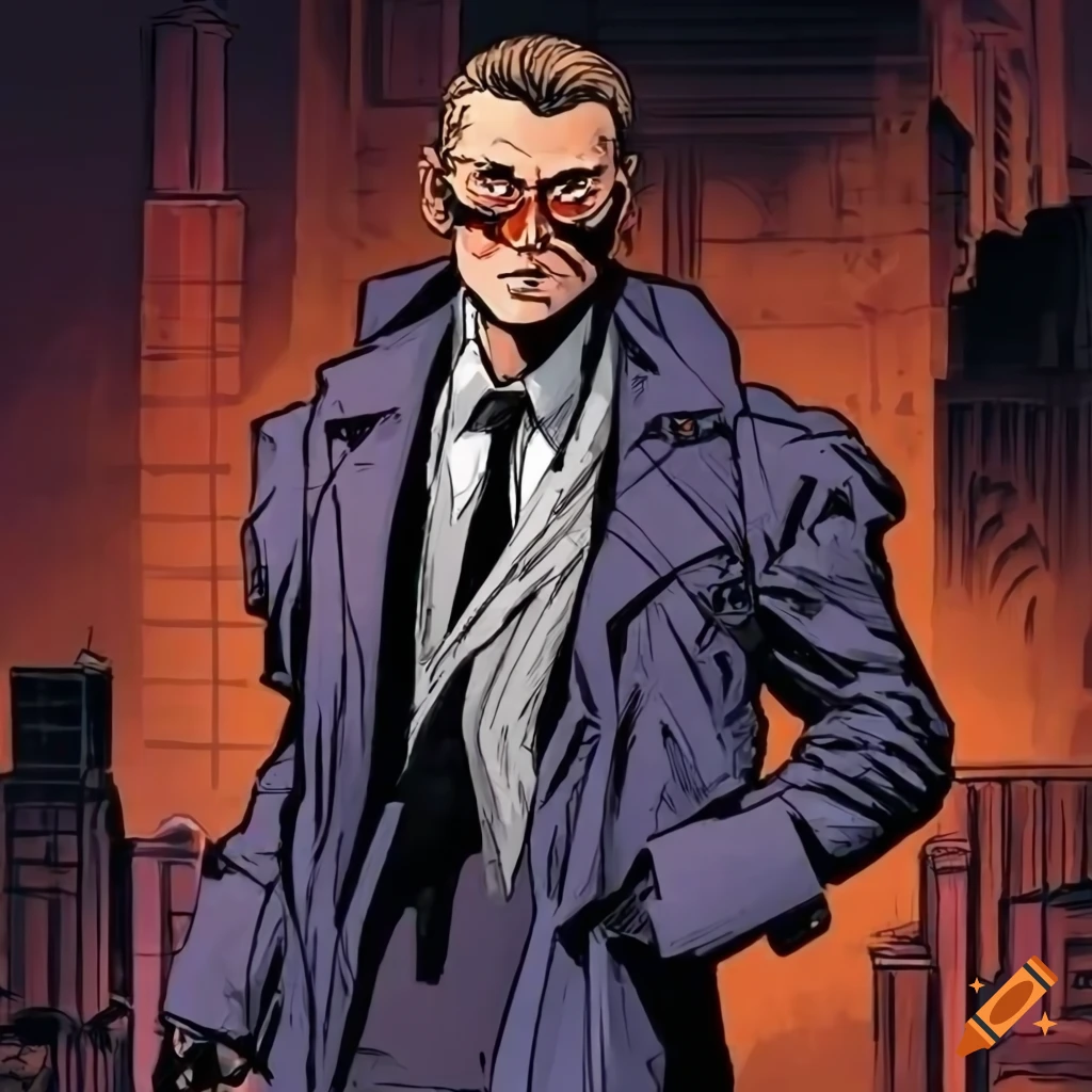 Comic book style illustration of man in trench coat smoking a cigar on ...