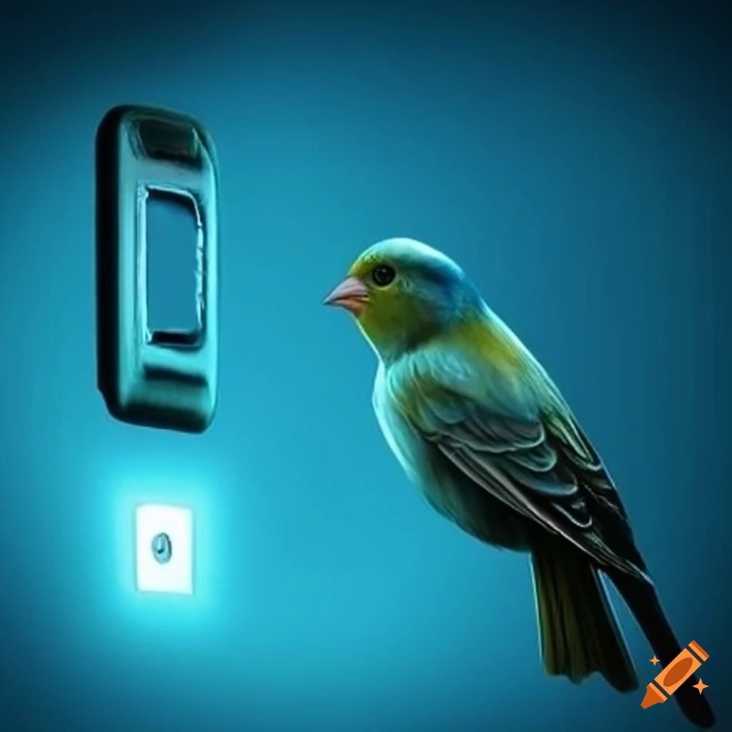 Blue canary by the light switch in a psychedelic setting