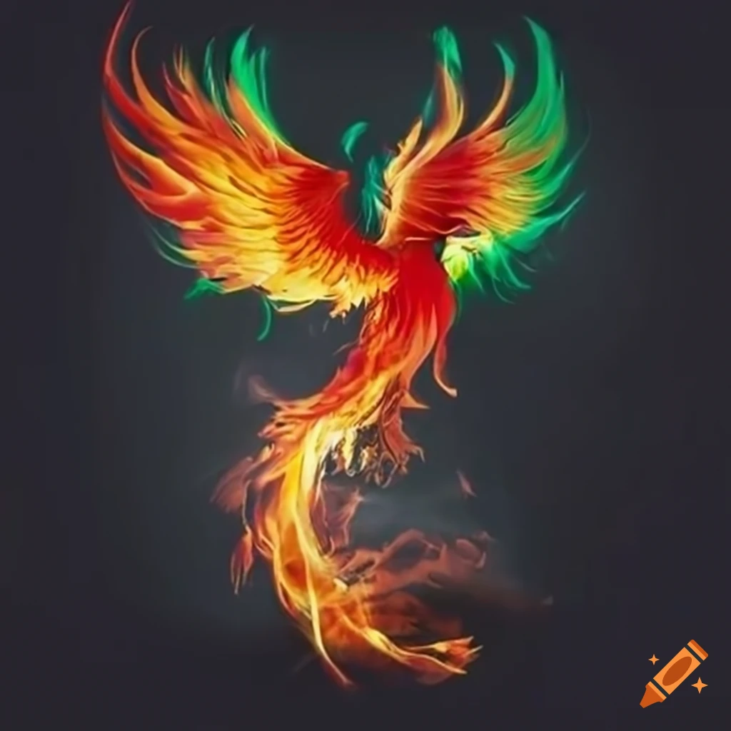 Phoenix rising from ashes with flames and palestinian flag