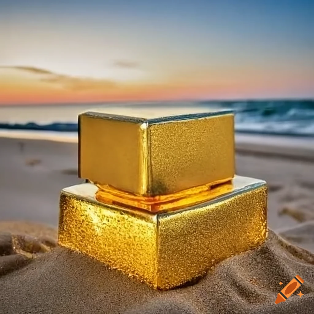 Highly detailed sculpture of gold blocks on a sandy shore