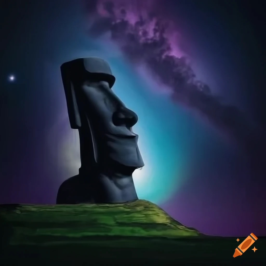 Moai smoking a huge blunt in a space starry night style