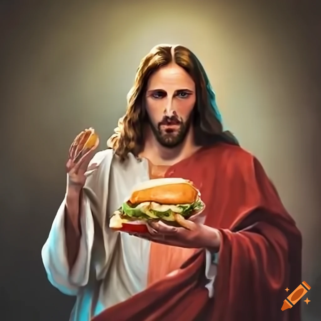 Religious figure enjoying a burger