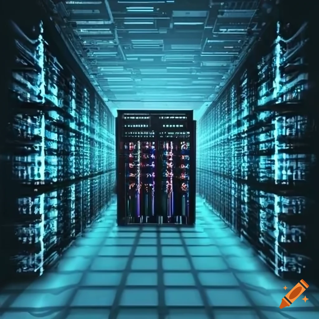 Computer screen and servers displaying dark data on Craiyon