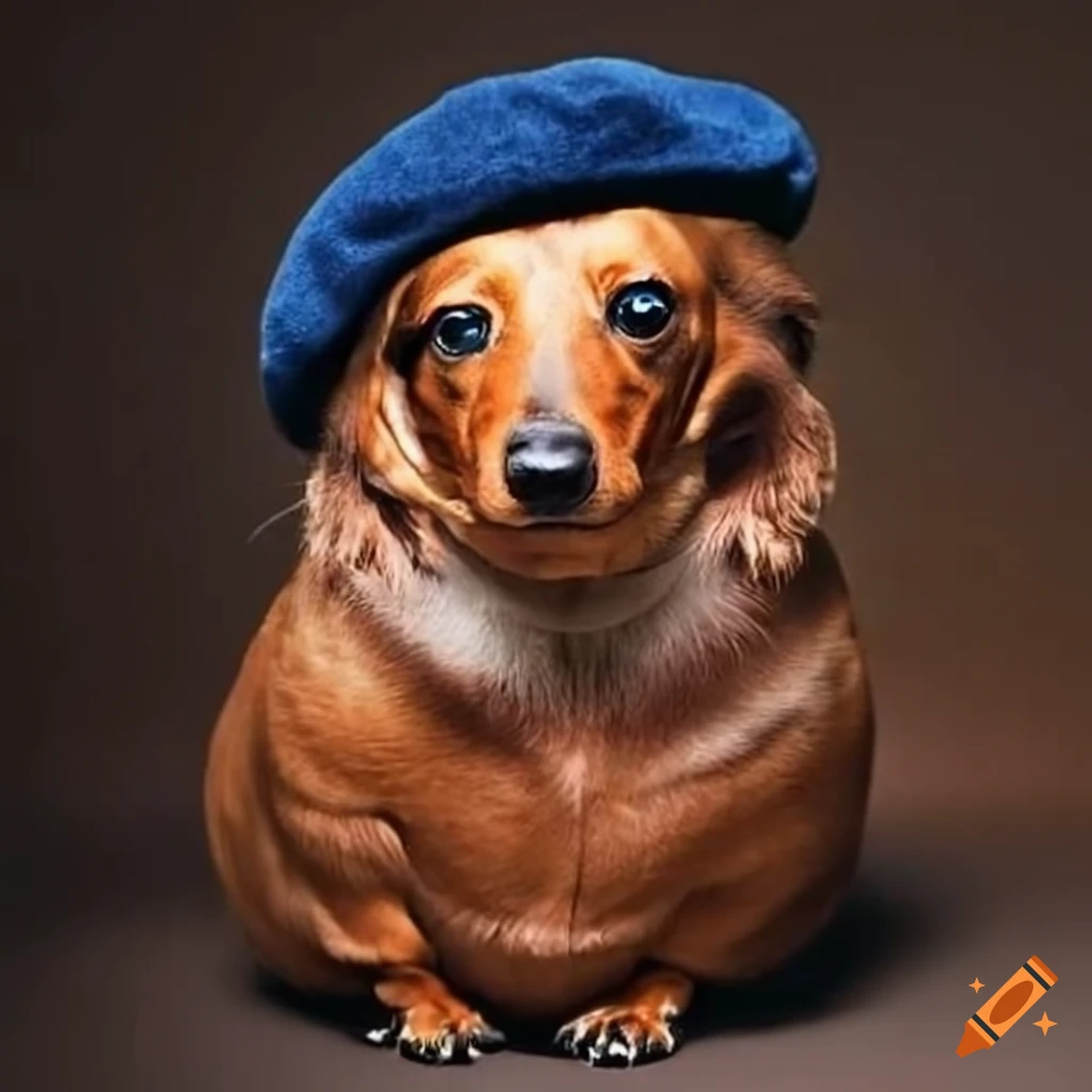 Chubby dachshund with beret driving a scooter on Craiyon