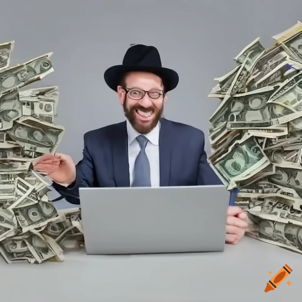 Smiling rabbi using a computer with money around