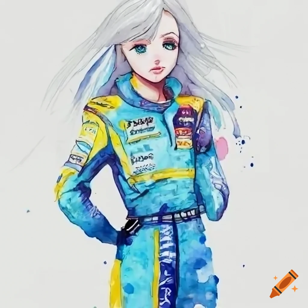Anime girl with white hair wearing renault's 2006 formula 1 suit