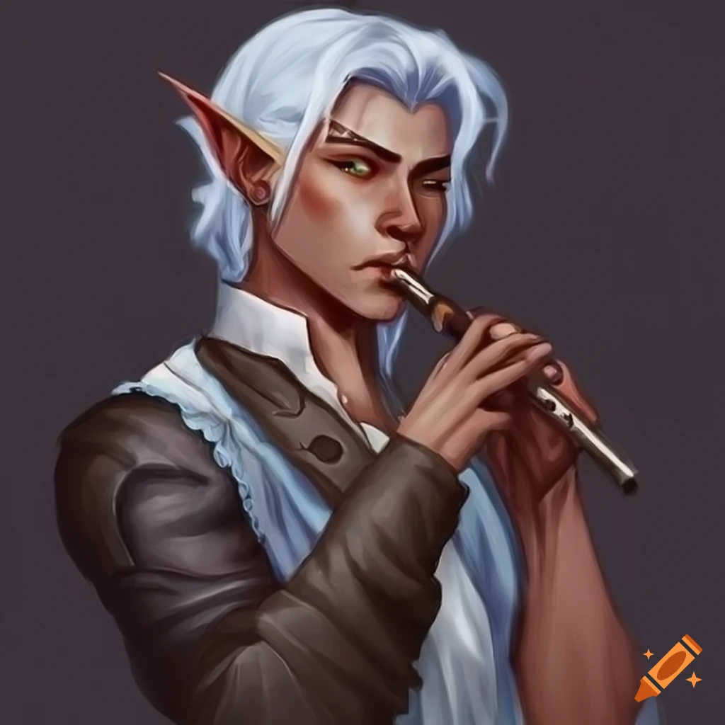 Handsome half elf bard with white hair and grey eyes holding a flute