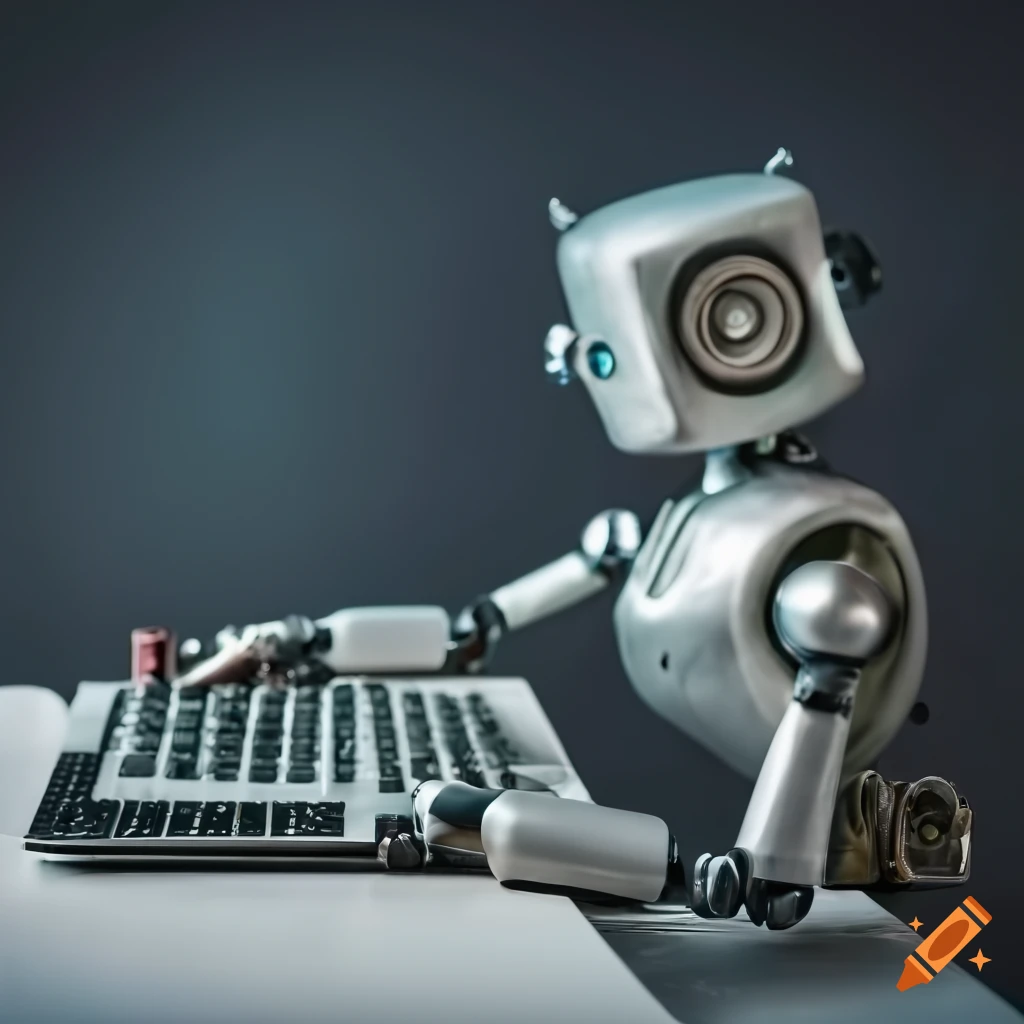 1950s style robot typing on a laptop with floating email, SMS, and ...