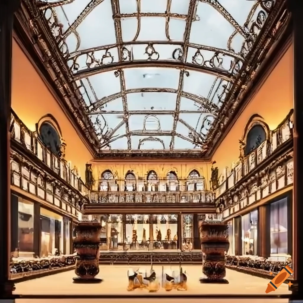 Interior view of a modern three-story jewelry store with a living room ...