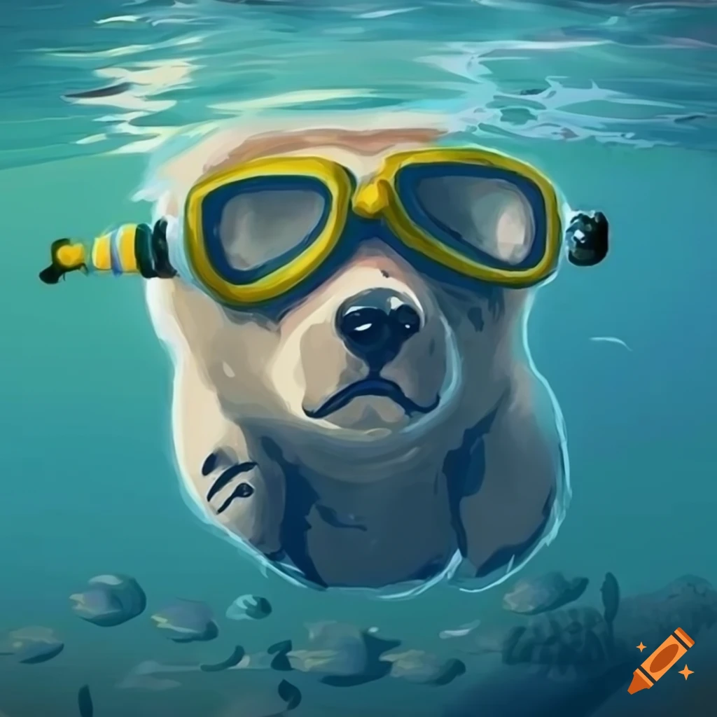 Snorkeling bear peeking above ocean surface with a cute but slightly menacing expression on Craiyon