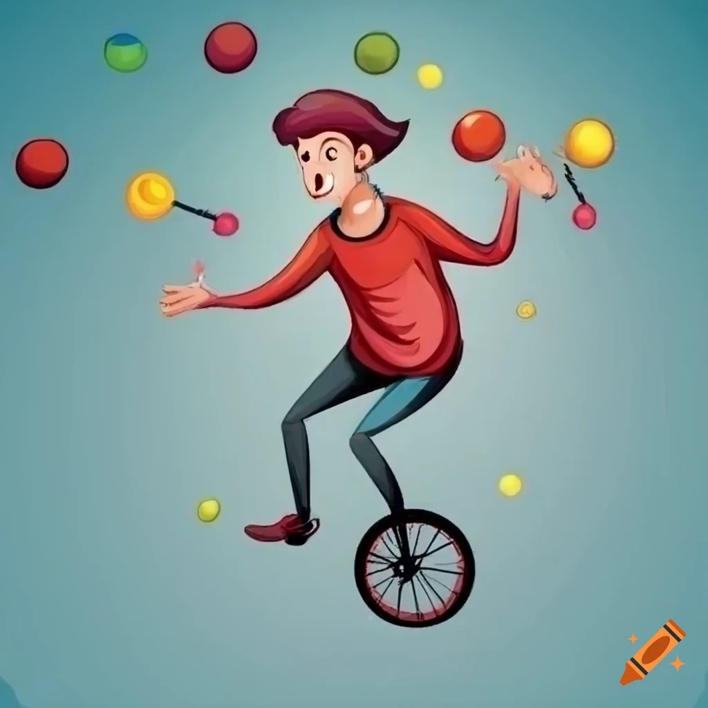 Illustration of a man juggling while riding a unicycle
