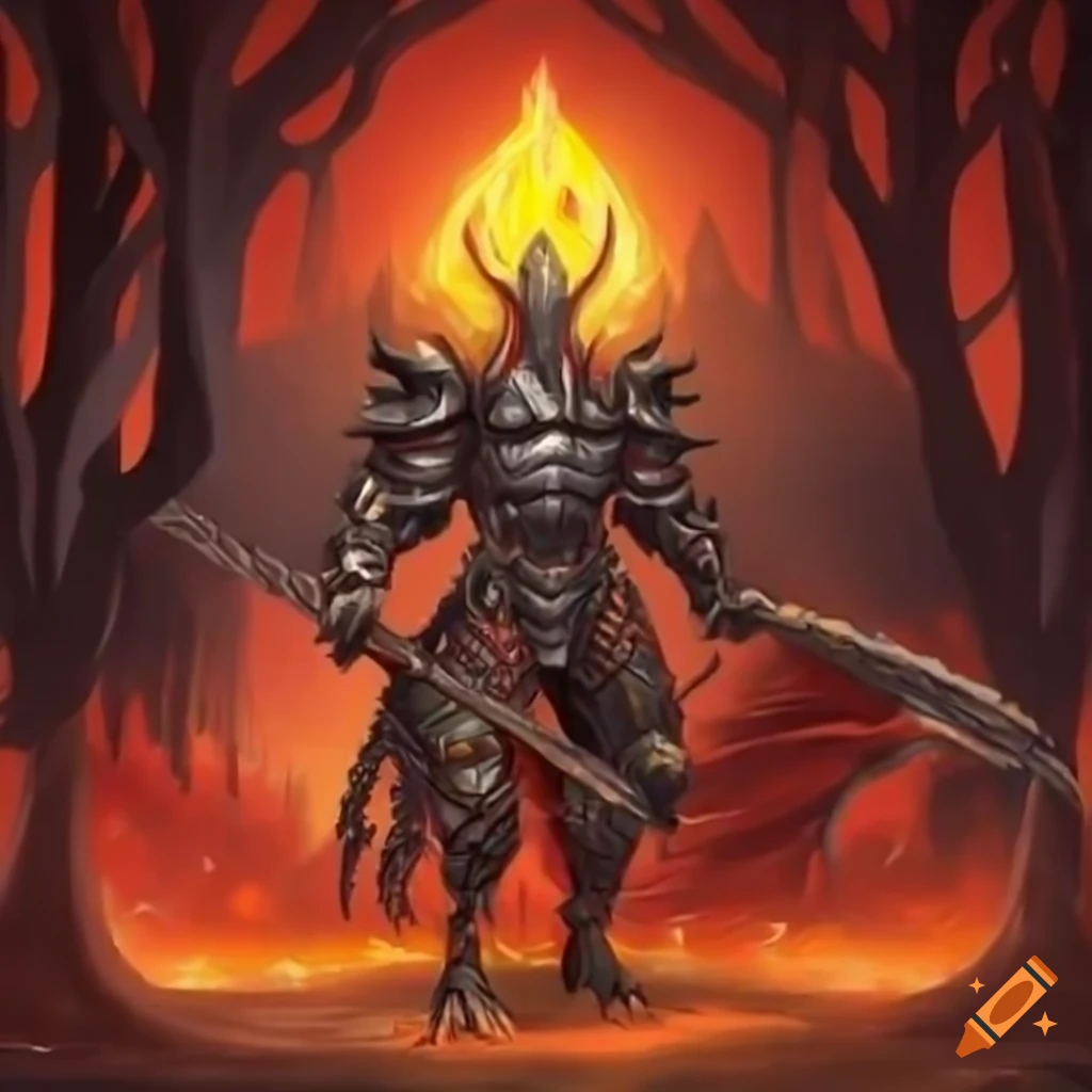 Muscular winged dragon warrior in cybernetic armor with flames, holding ...