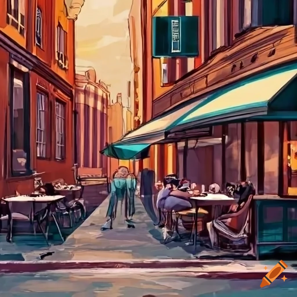 Perspective view of a street with restaurants on both sides on Craiyon