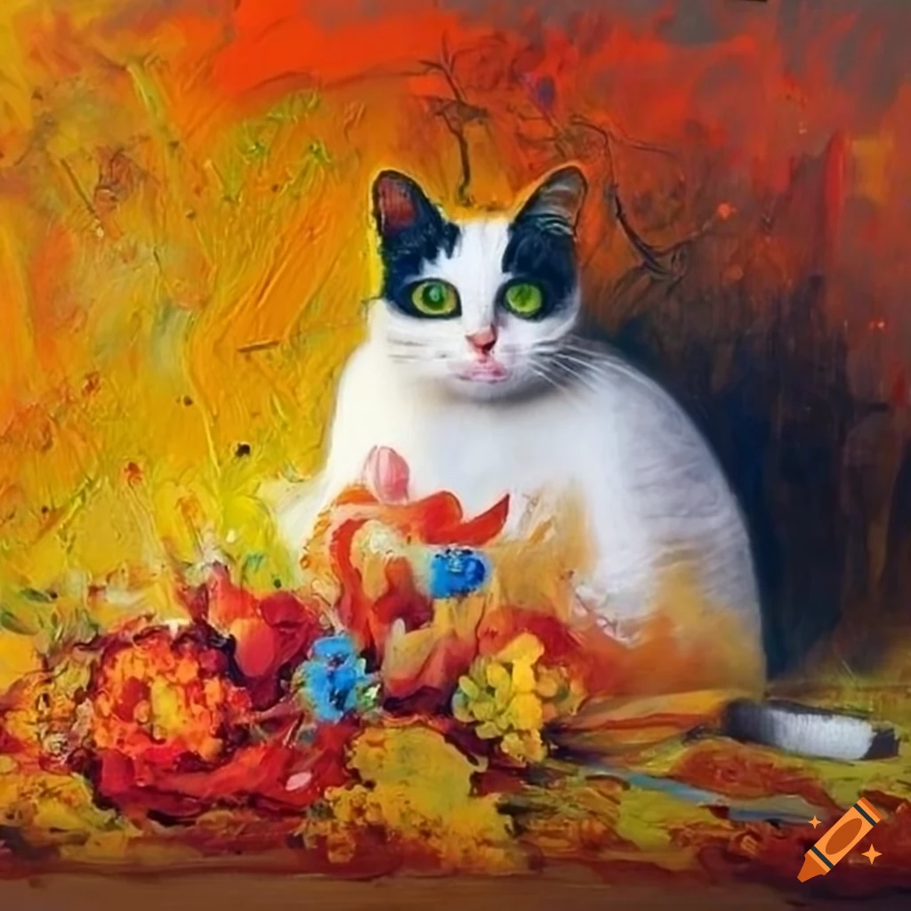 Surreal still life painting with white cat and vibrant flowers on Craiyon
